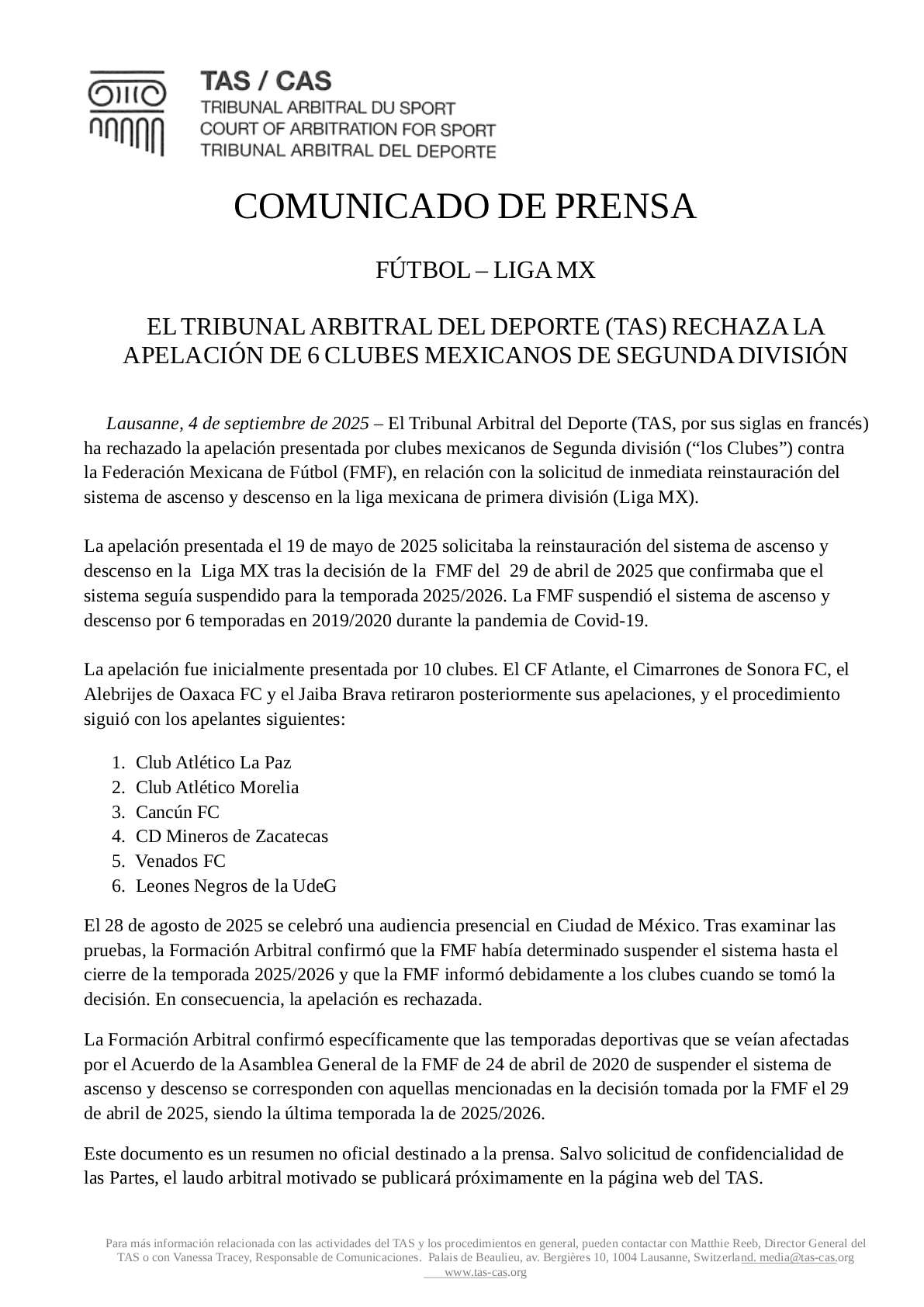 ¡Sin ascenso ni descenso por ahora! El TAS falla contra los clubes de ...